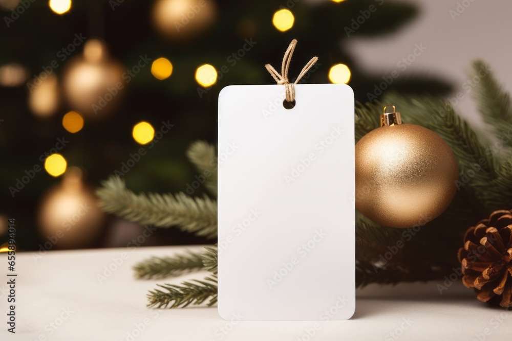 Blank christmas gift tag on blurred christmas tree background with ...