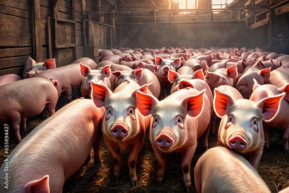 Lots of pigs in animal shed eating, standing and lying. Meat industry ...