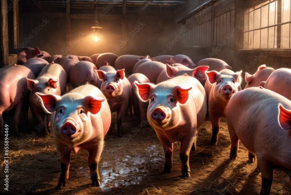 Lots of pigs in animal shed eating, standing and lying. Meat industry ...