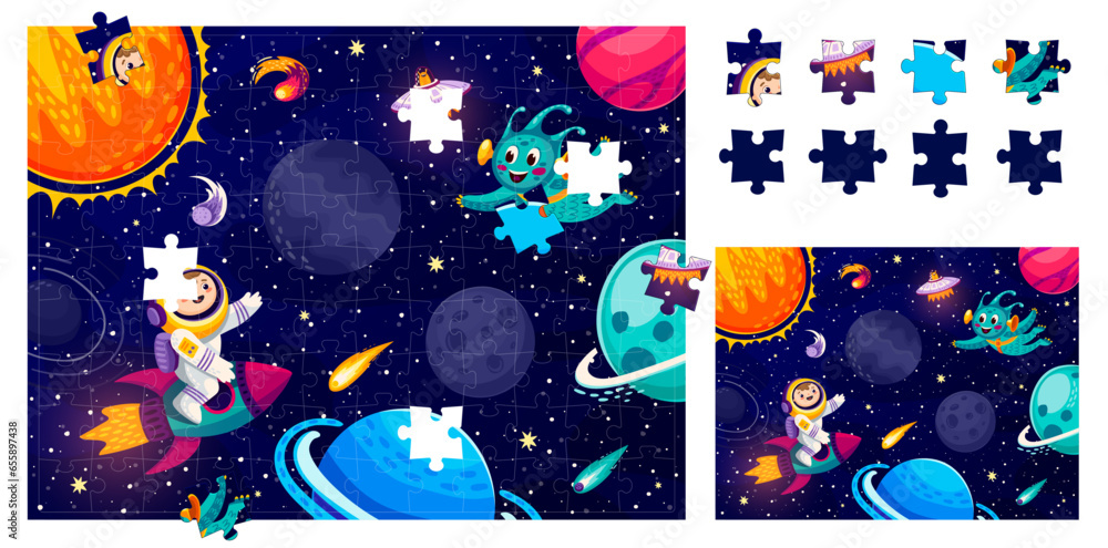 Cartoon alien, astronaut and space landscape on jigsaw puzzle game ...