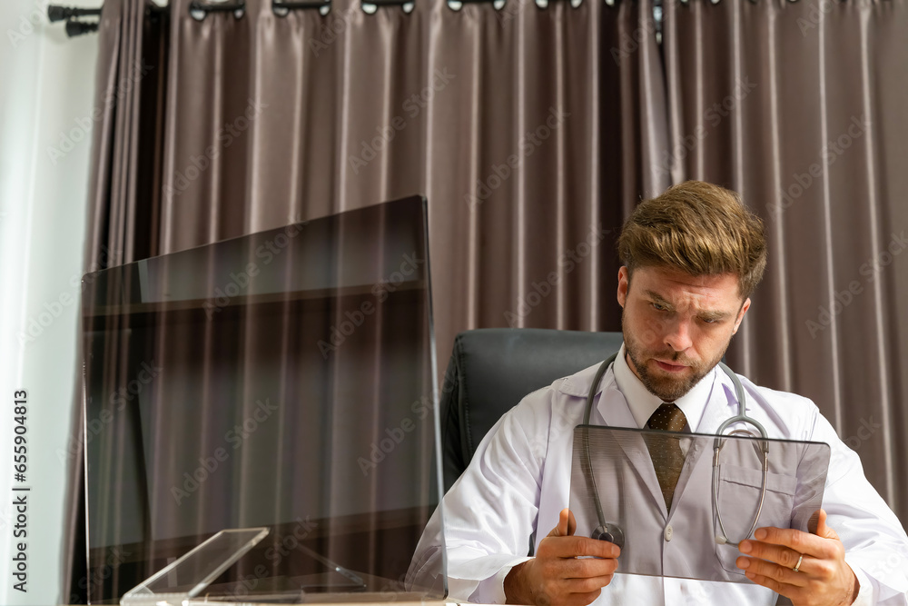 Mock-up template. Doctors look at tablets, review patient information ...