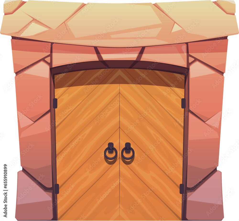 Cartoon medieval castle gate, wooden door, arch entrance of old house ...