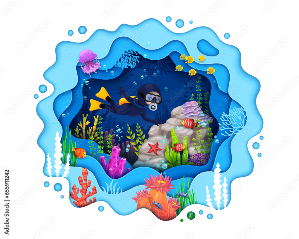 Cartoon sea bottom, paper cut underwater landscape and kid diver near ...