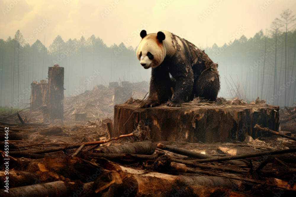 Heartbreaking Loss of Home. A Devastated Panda Amidst Deforestation ...