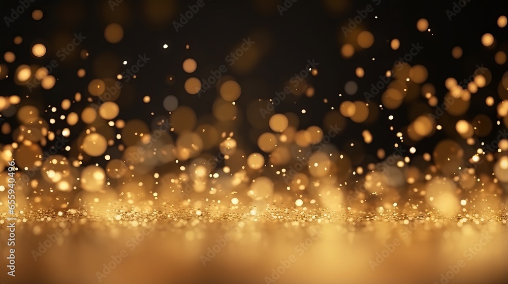 Golden glitter particles falling on light background. Sparkling gold confetti with magical ...