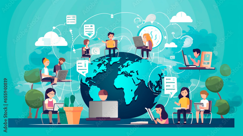 graphic illustration of online education of schoolchildren and students ...