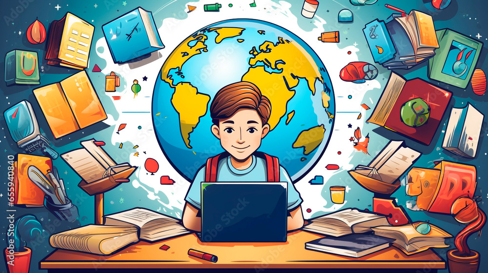 graphic illustration of online education of schoolchildren and students ...