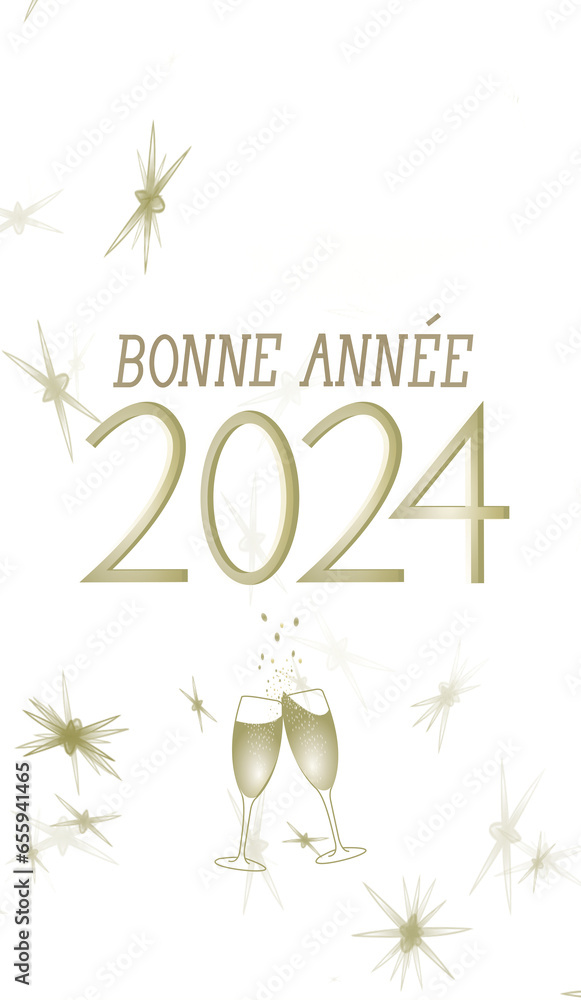 Gold text Bonne anée 2024 in French with gold glitter stars on white ...