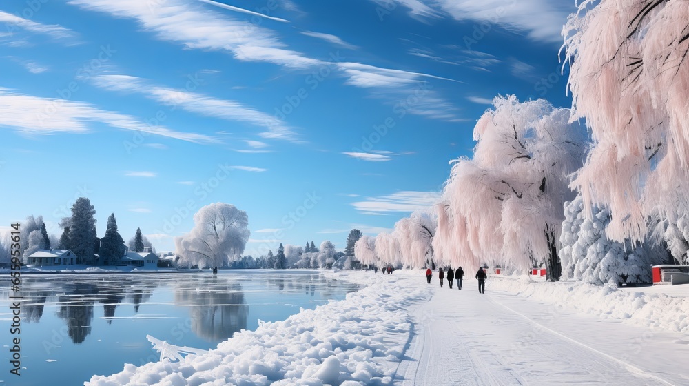 Family winter walk in a snowy park. Beautiful snow-white nature, cold ...