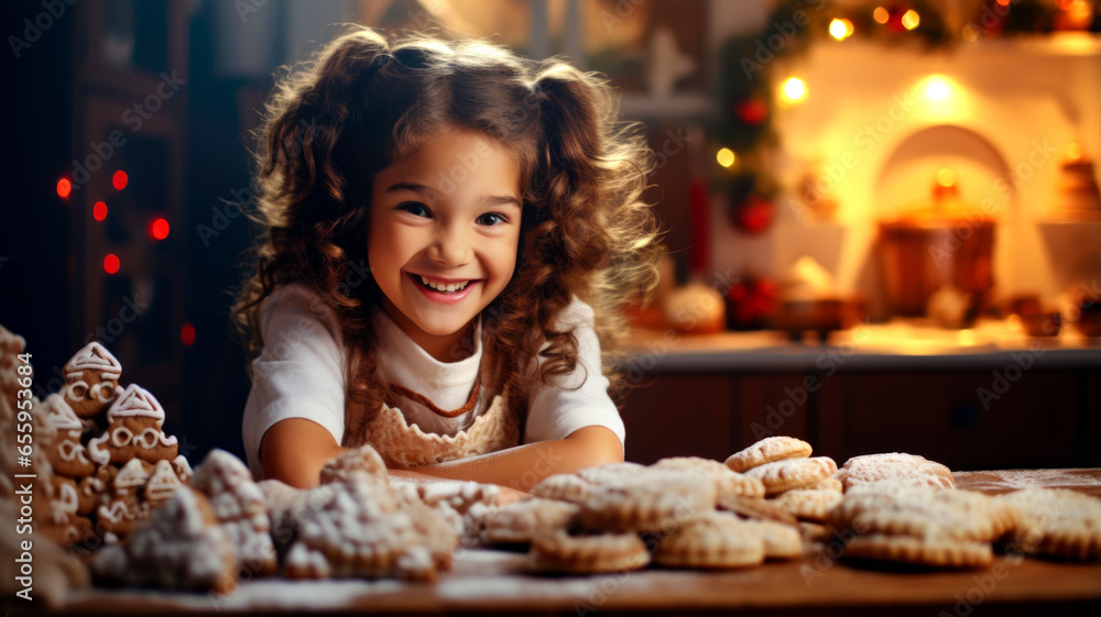 Little girl baking Christmas cookies at home. Made with AI generation ...