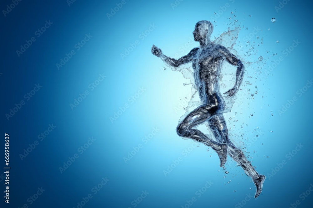 Human body shape of a running man filled with blue water on blue ...