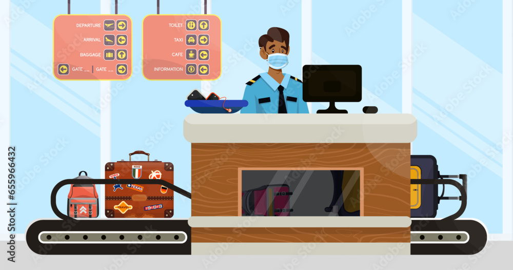 Cartoon illustration of airport inspection process. Vector concept of ...