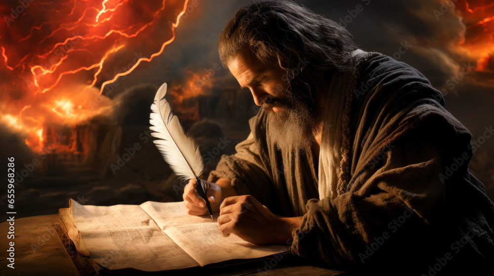 Apostle John imprisoned on the island of Patmos writing the book of ...