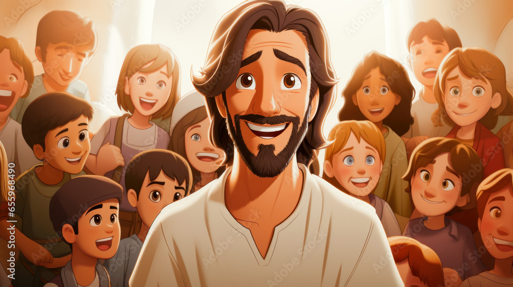Childrens illustration cartoon of Jesus Christ with many children ...