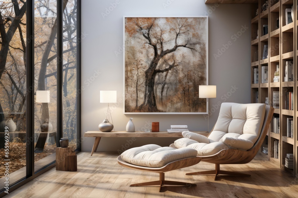 cozy reading room with light natural materials with modern art on the ...