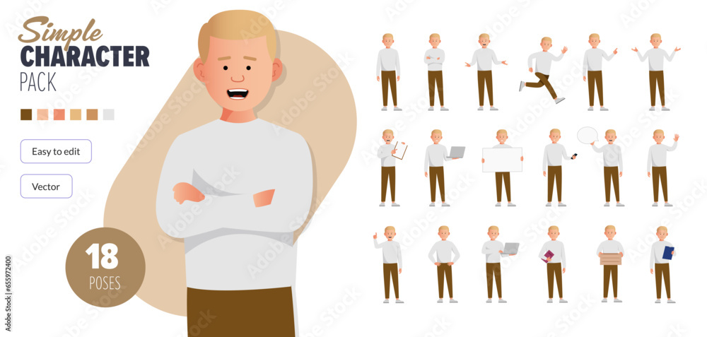 Simple flat male vector character in a set of multiple poses. Easy to ...
