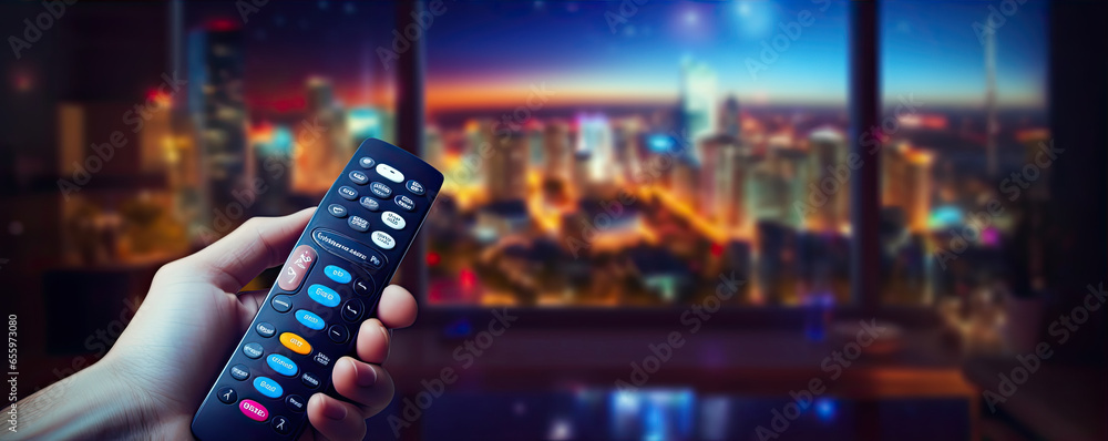 Remote control in hand in tv channels background. vivid colors. Stock ...