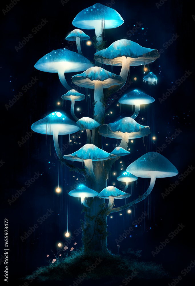 Glowing Mushrooms in the Night. Fluorecent Mushrooms. Blue Fungi. Fungi ...