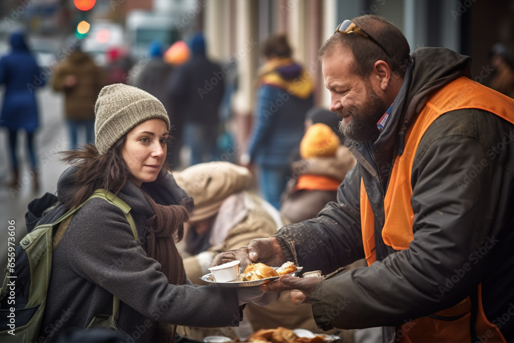 Volunteers distribute portions of food to the homeless and people in ...
