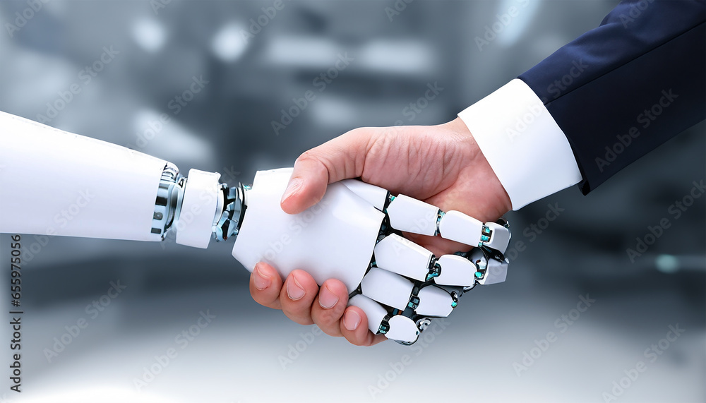 Aperto de mão entre um robô e um humano. Homem de negócios apertando a ...
