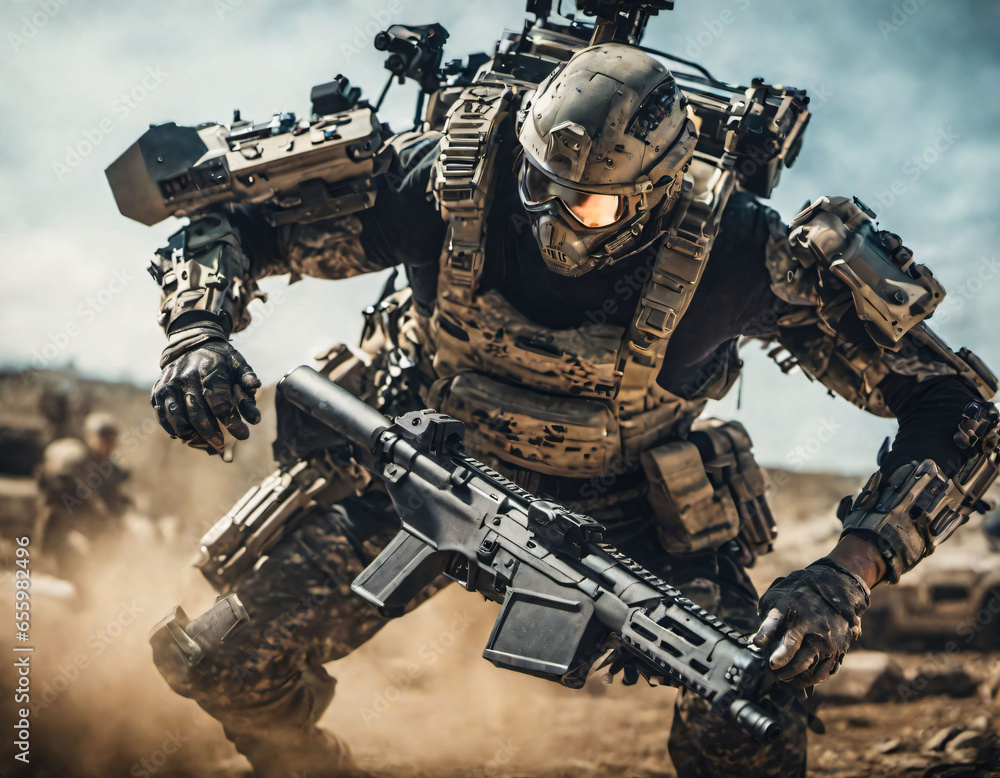 A cyborg soldier fighting in a warzone trail cam footage ...