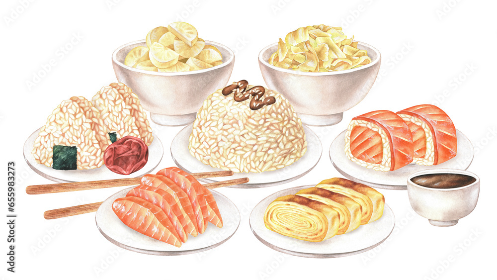 Japanese Food. Watercolor illustration of Asian cuisine. Hand drawn ...