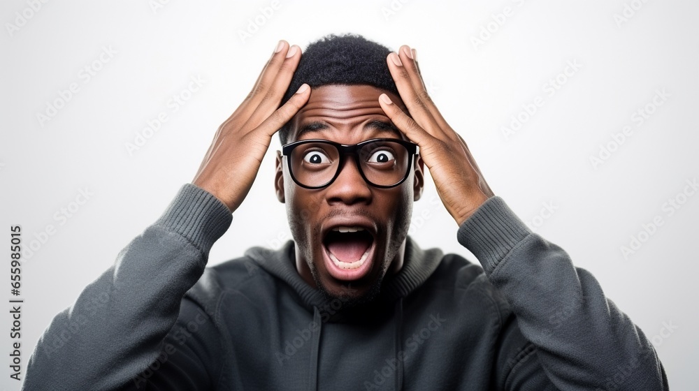 African American young male hands on head desperation, regrets about ...