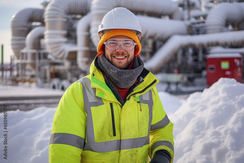 Smiling male worker in a white helmet and reflective vest standing in ...