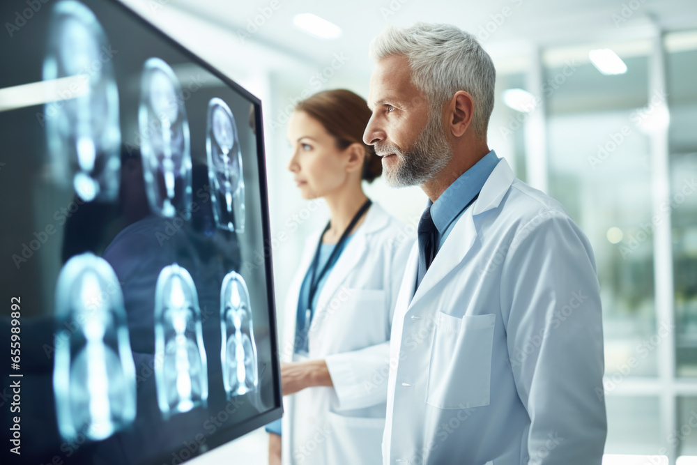 Doctors radiologists looking at MRI or CT scan images on monitor ...