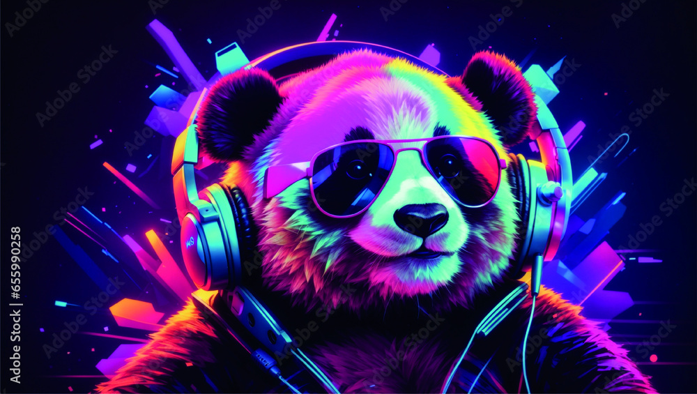Cute black panda wearing hoodie listening dj music with headphone ...