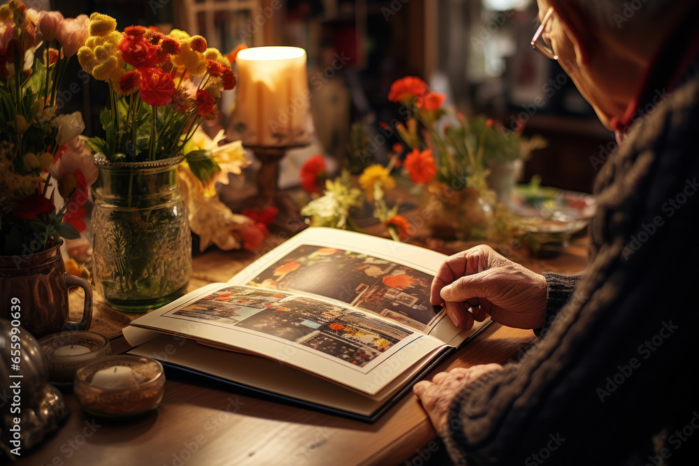 An elderly person looking at a family photo album, reminiscing about ...