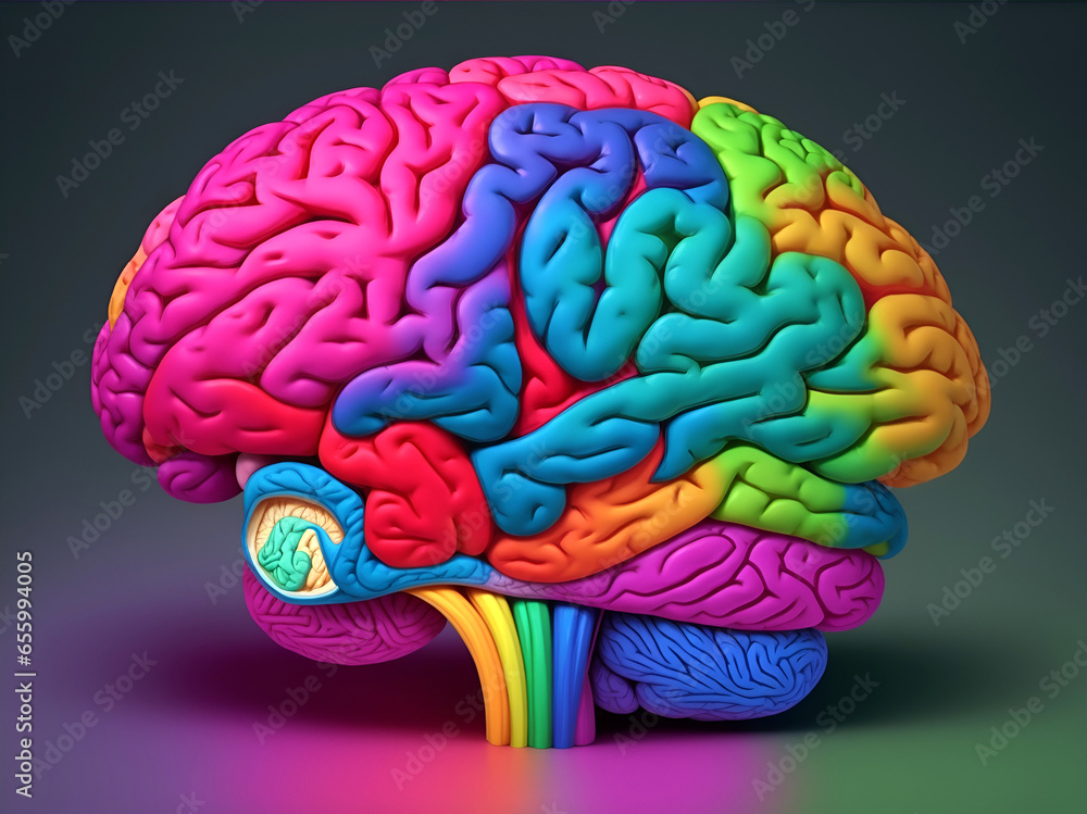 Concepto de un cerebro humano lleno de creatividad con muchos colores ...