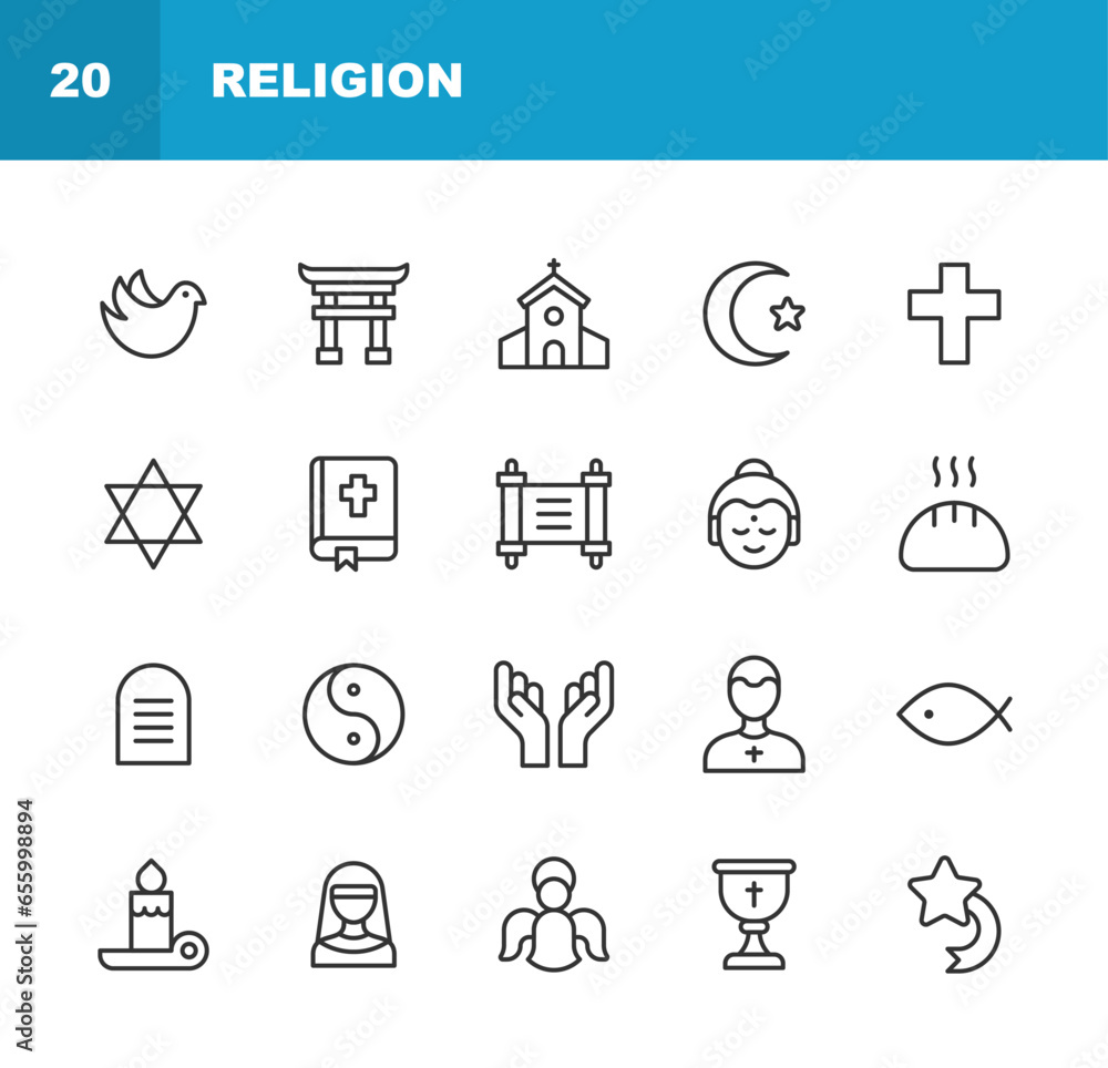 Religion Line Icons. Editable Stroke. Contains such icons as God, Faith ...