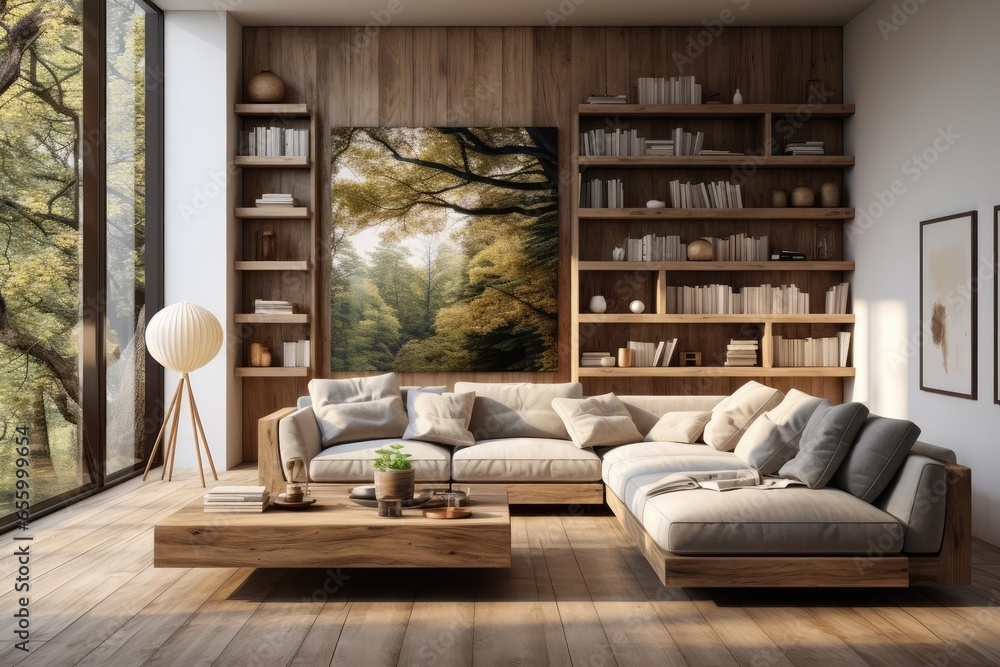modern luxury scandinavian library with light natural materials with ...
