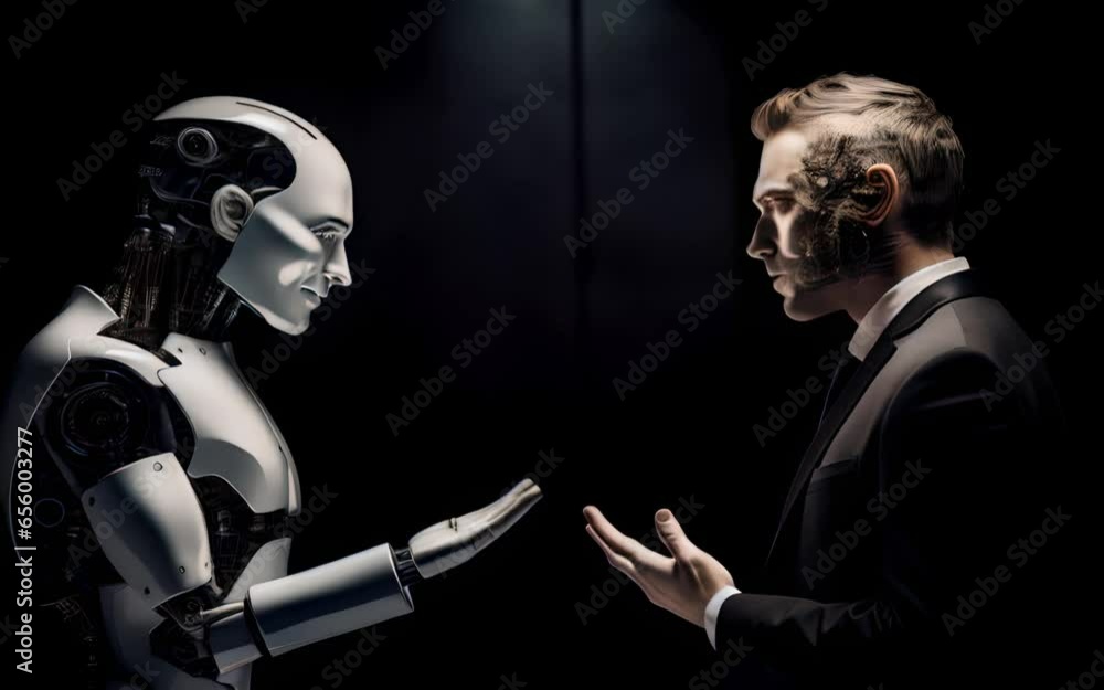 Robot and another robot in human form in a black suit are standing ...