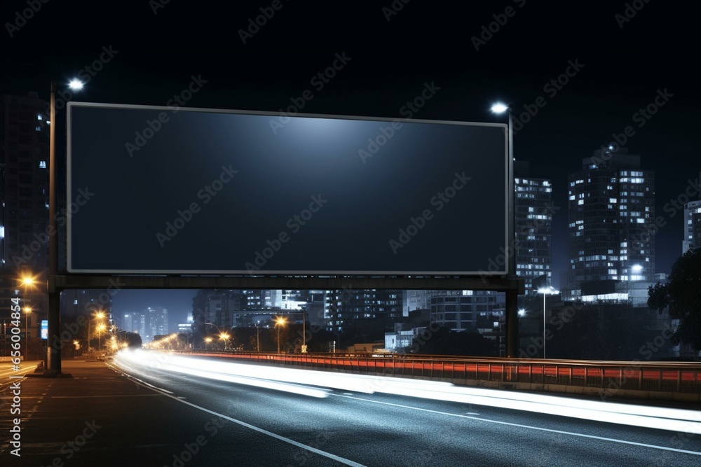 Empty black road billboard with night time cityscape background ...