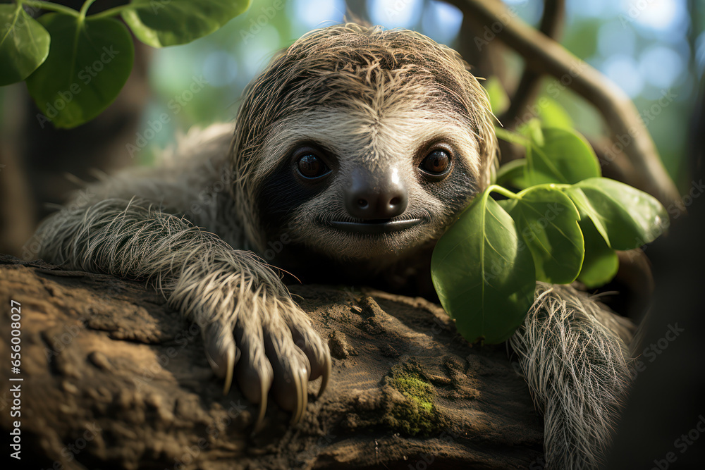 The rare and tiny pygmy three-toed sloth, clinging to mangrove trees on ...