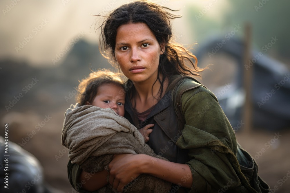 Young homeless woman holds baby in her arms. baby on the street ...