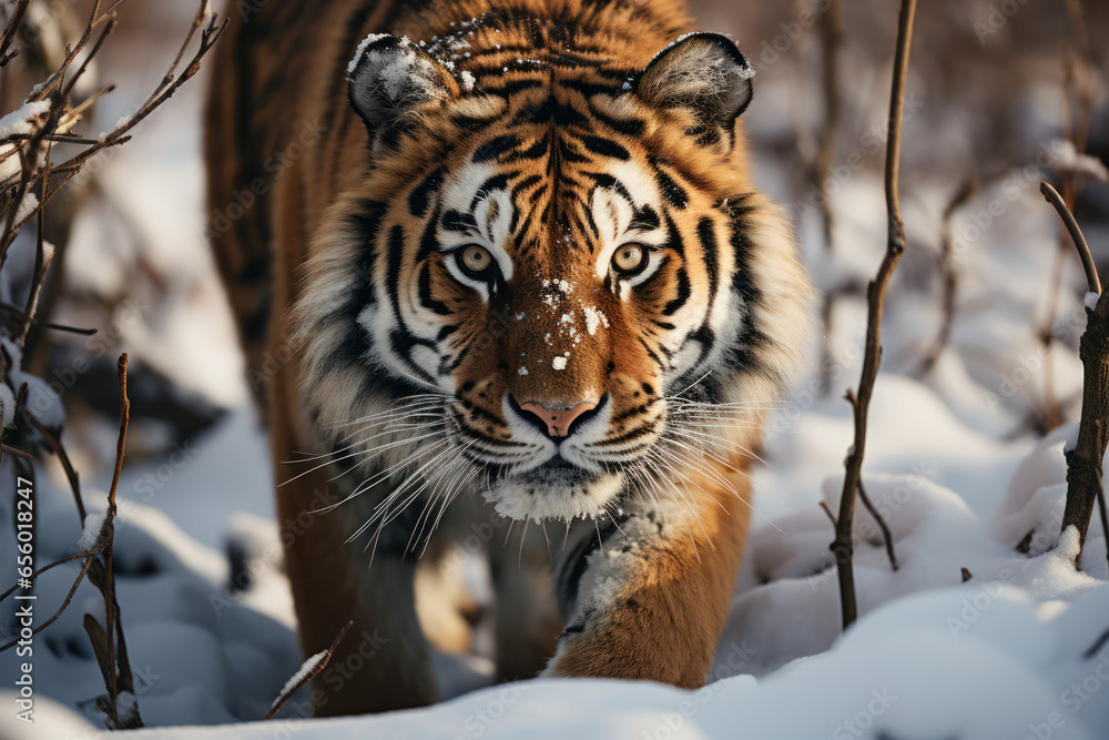A rare and majestic Siberian tiger, prowling the snowy forests of ...