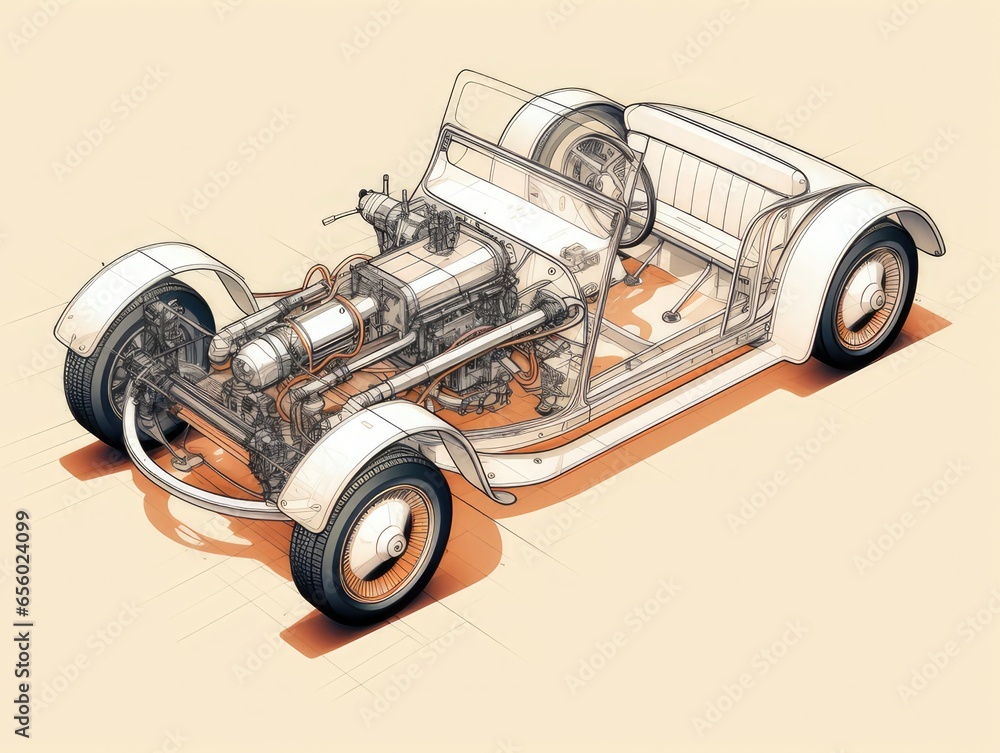 exploded view of electric car showing battery motor, chassis and other ...