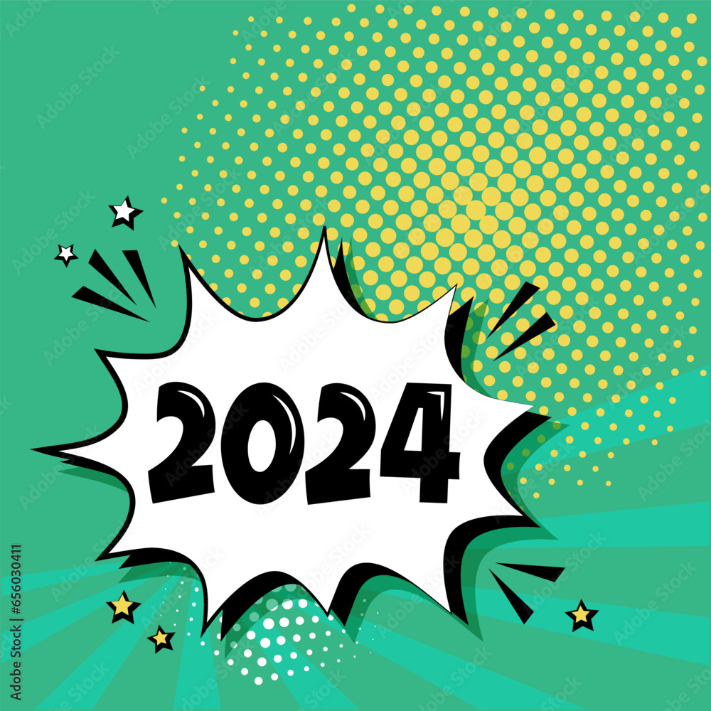 Comic 2024 New Year vector green background, cartoon speech bubble in ...