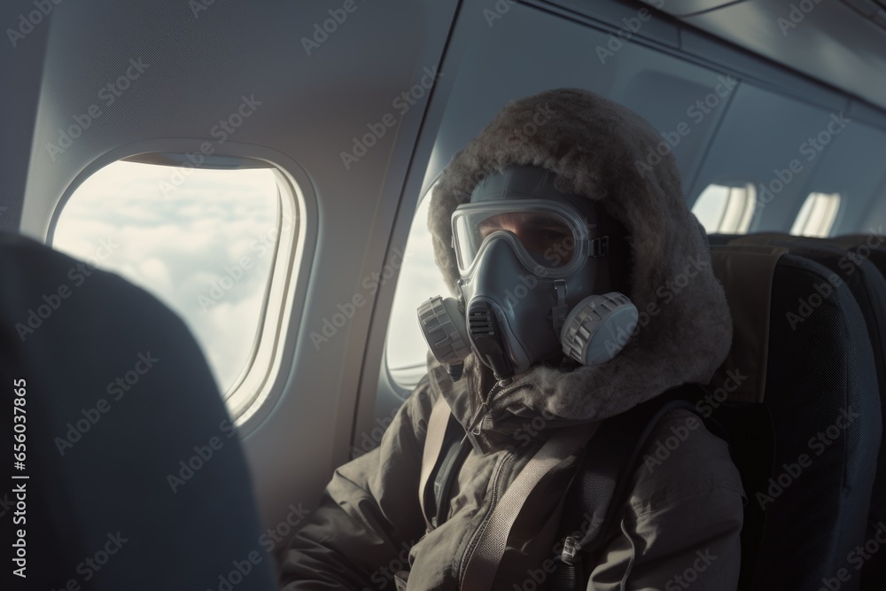 A man is pictured wearing a gas mask on an airplane. This image can be ...