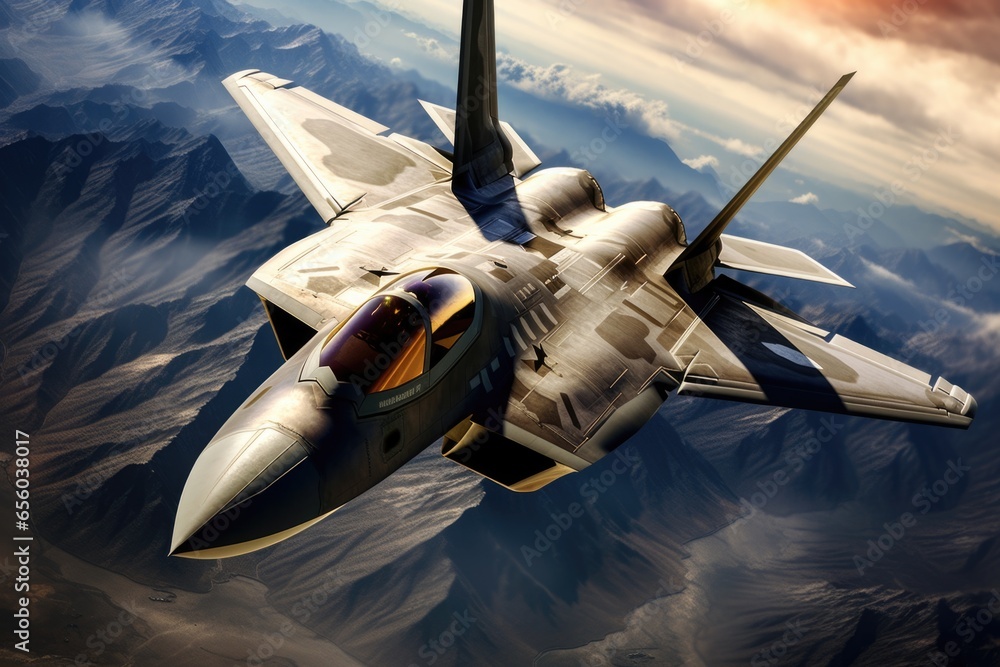 A fighter jet soaring through the sky over a majestic mountain range ...