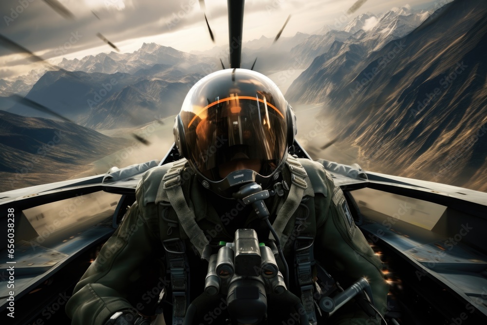 A man in a military uniform is sitting in the cockpit of a fighter jet ...