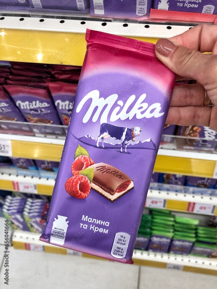 25.09.2023, Ukraine, Kharkiv, Milka chocolate on store shelves. Many ...