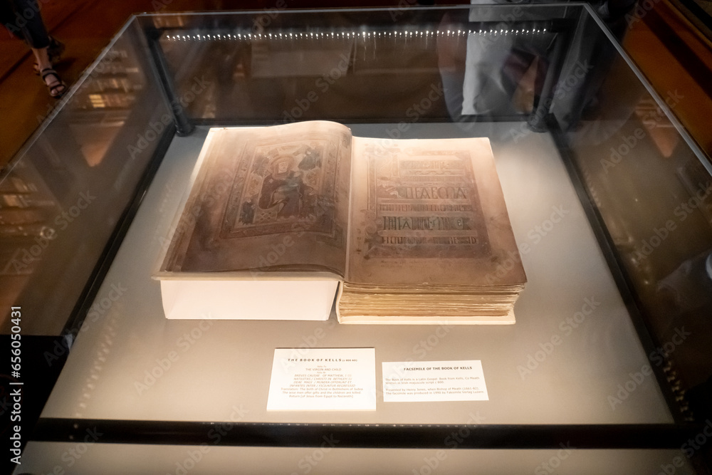 Dublin, Ireland: Book of Kells replica on display in the Long Room ...