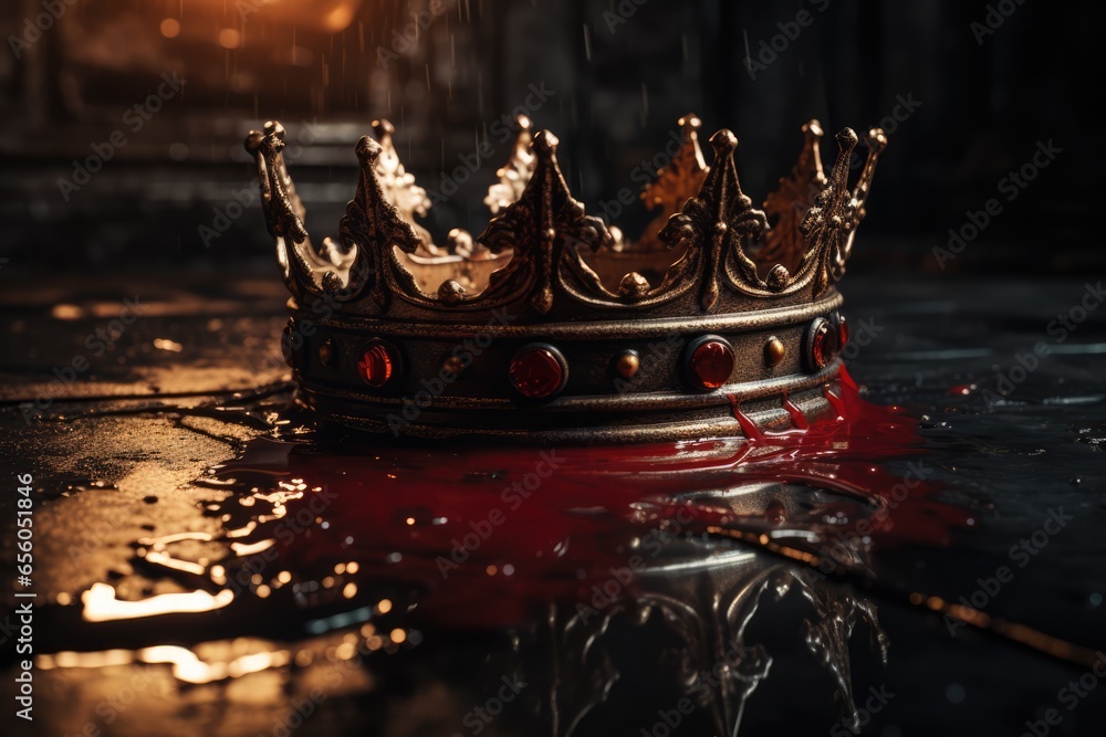 grotesque pool of blood. a golden, copper crown laying on a dripping ...