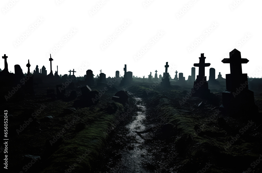 muddy night path in a spooky abandoned cemetery graveyard at night ...