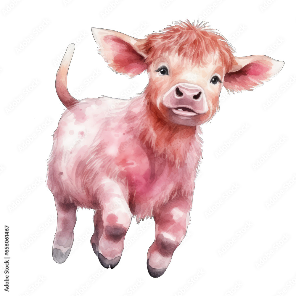 Cute pink highland cow, watercolor style. Isolated on transparent ...