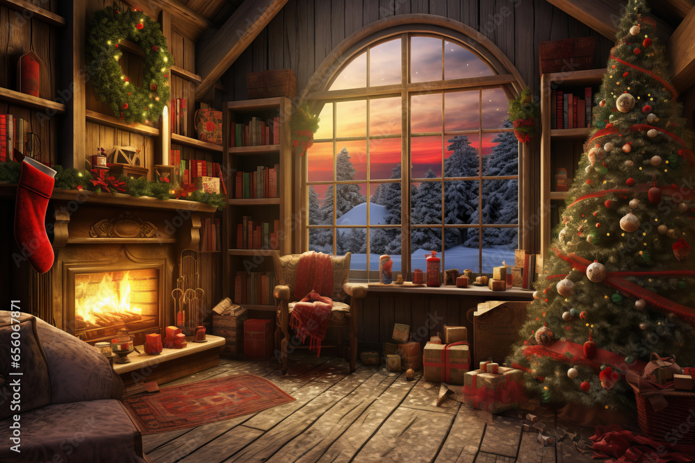 Cozy christmas scene with decorations, a warming fireplace and a ...